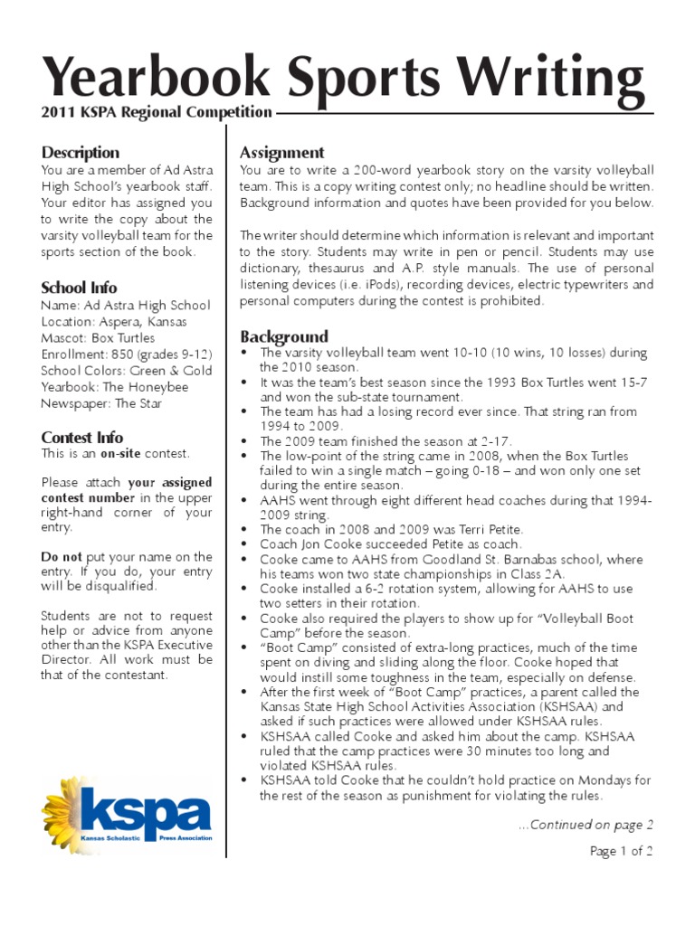 Yearbook Sports Writing: Description Assignment | PDF | Volleyball | Sports