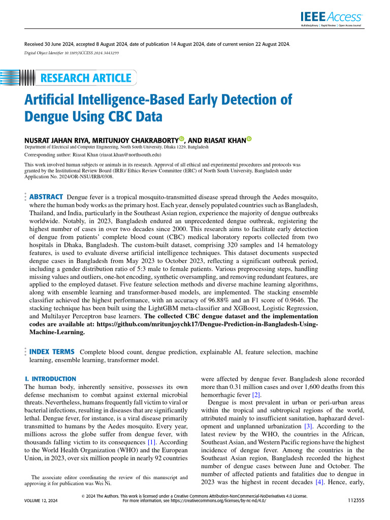 Artificial Intelligence-Based Early Detection of Dengue Using CBC Data | PDF | Machine Learning ...