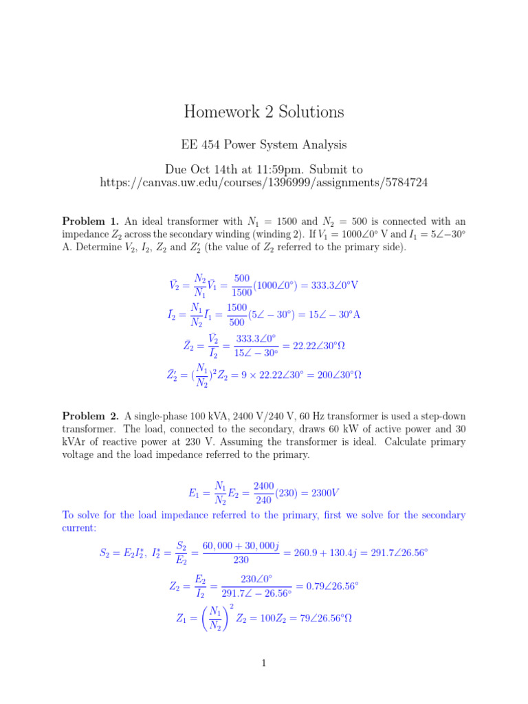 EE 454 HW 2 Solutions | PDF | Transformer | Quantity