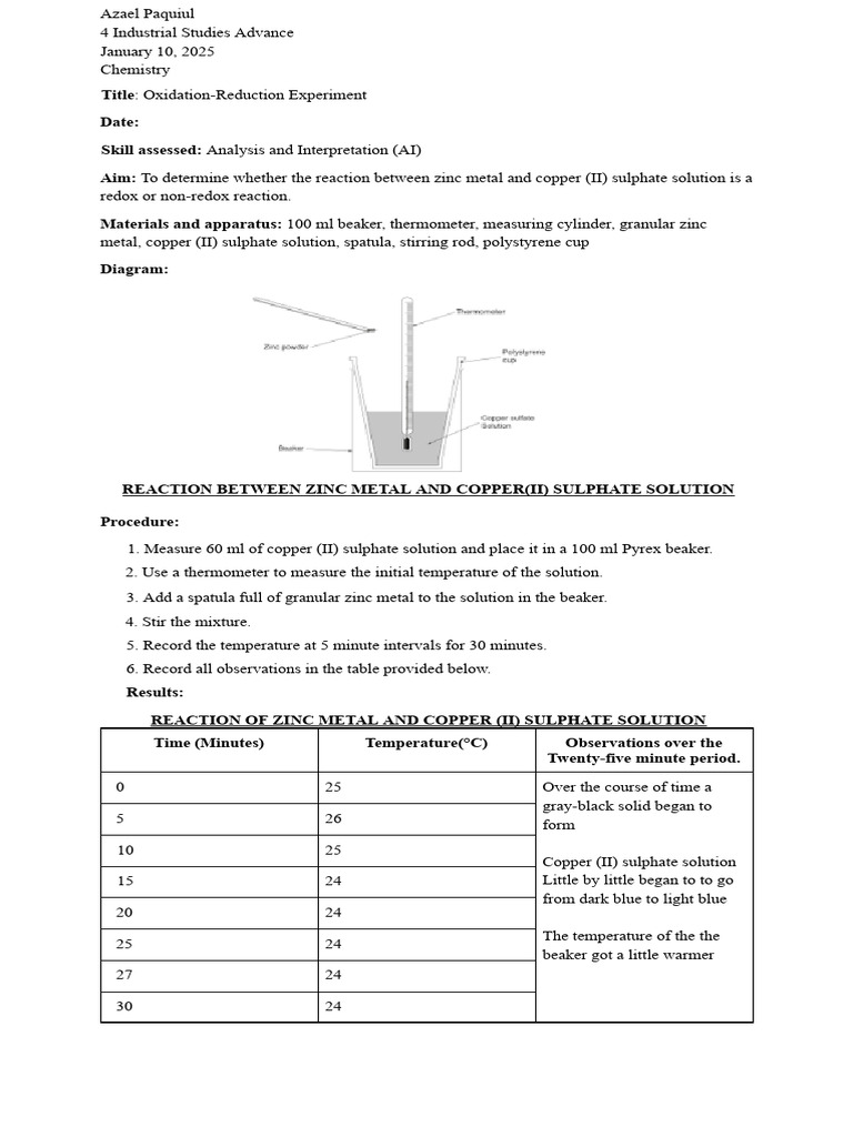 Oxidation-Reduction Experiment Outline | PDF | Redox | Chemical Reactions