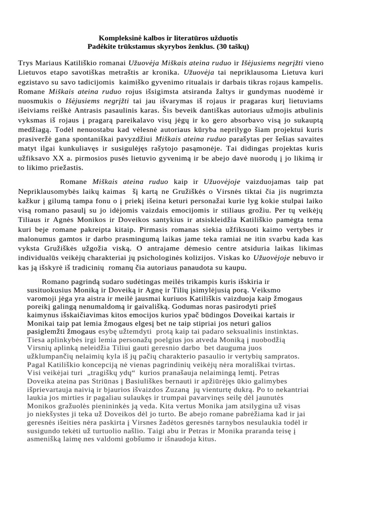 Kompleksine Kalbos Ir Literaturos Uzduotis M KATILISKIO Miskais Ateina Ruduo | PDF