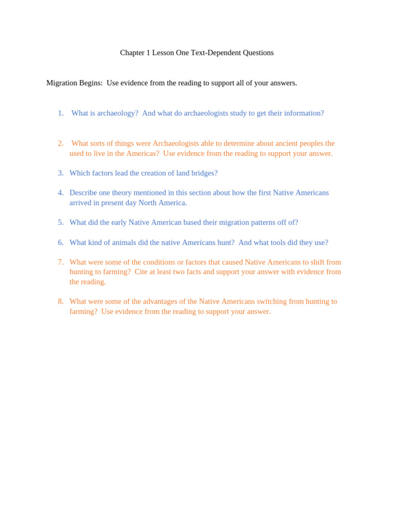 American History 1 Chapter 1 Lesson One TDQ Color Coded and Updated ...