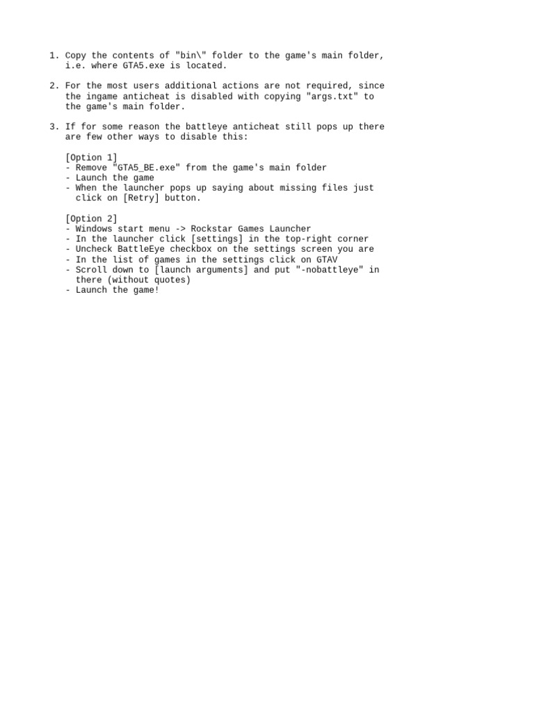 Disable BattleEye in GTA V Instructions | PDF