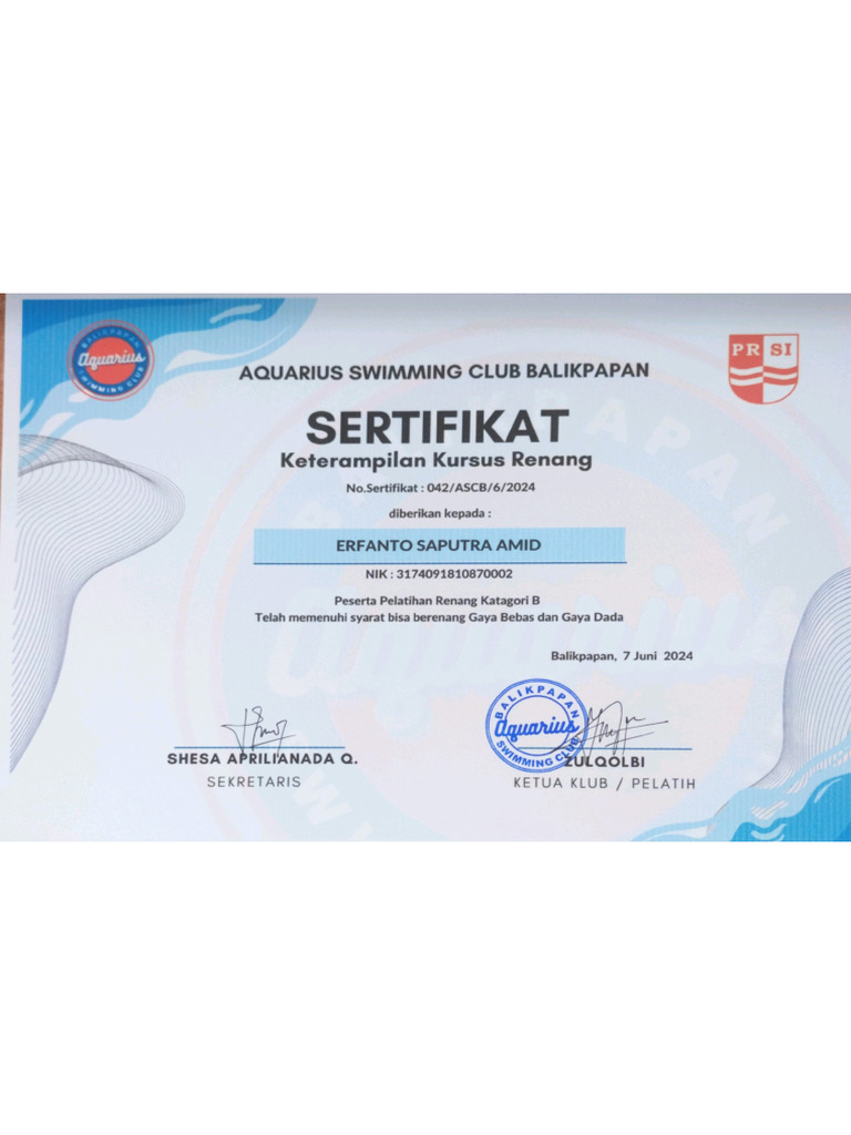 Sertifikat Renang - Erfanto Saputra Amid | PDF