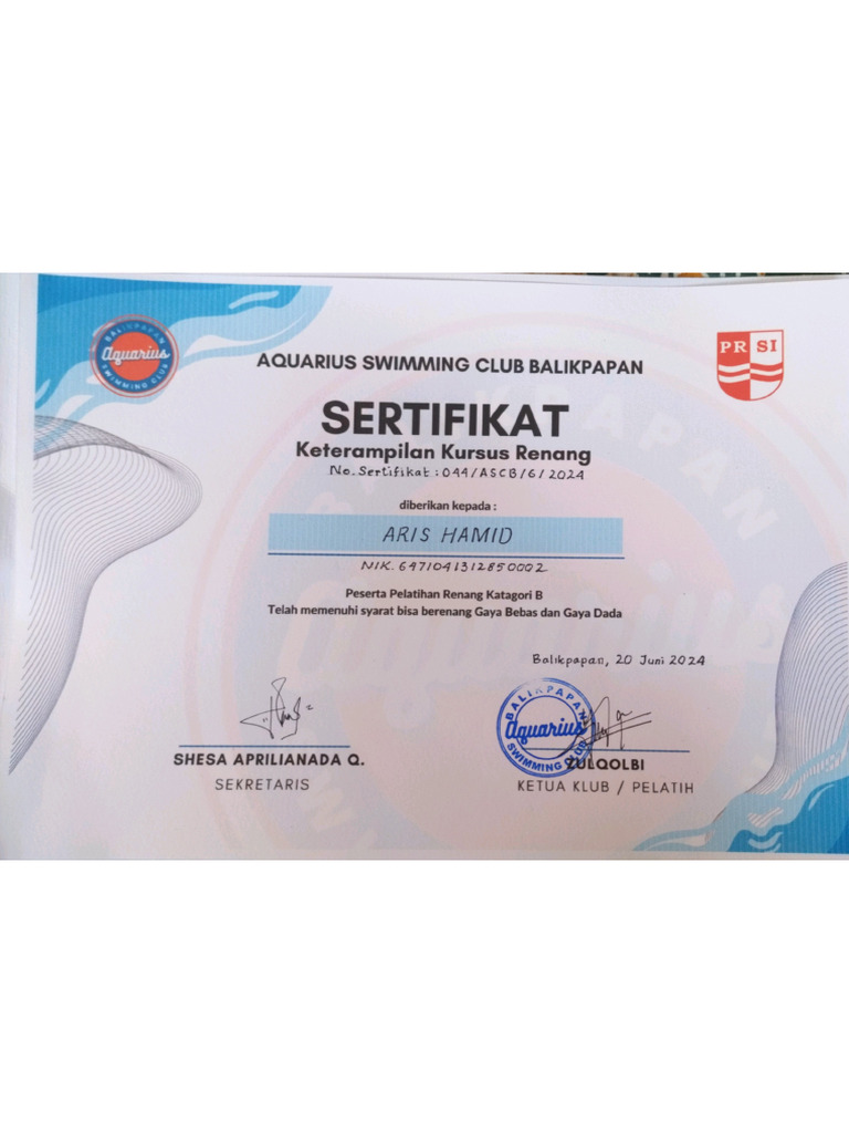 57. Sertifikat Renang - Aris Hamid | PDF