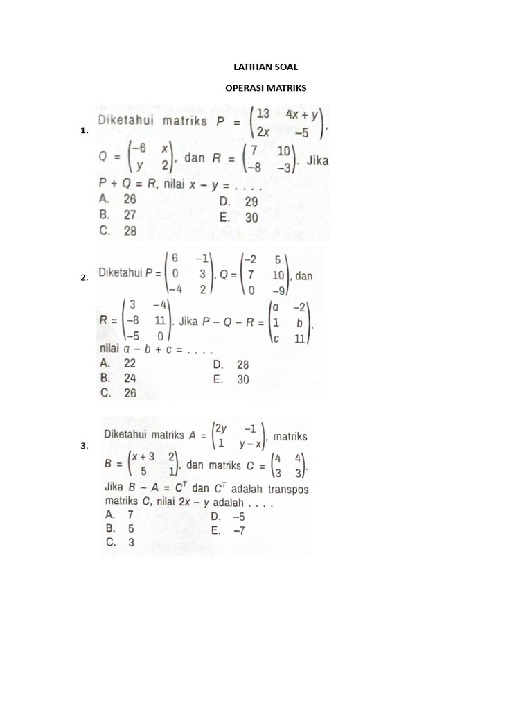 LATIHAN SOAL OPERASI MATRIKS 1 | PDF
