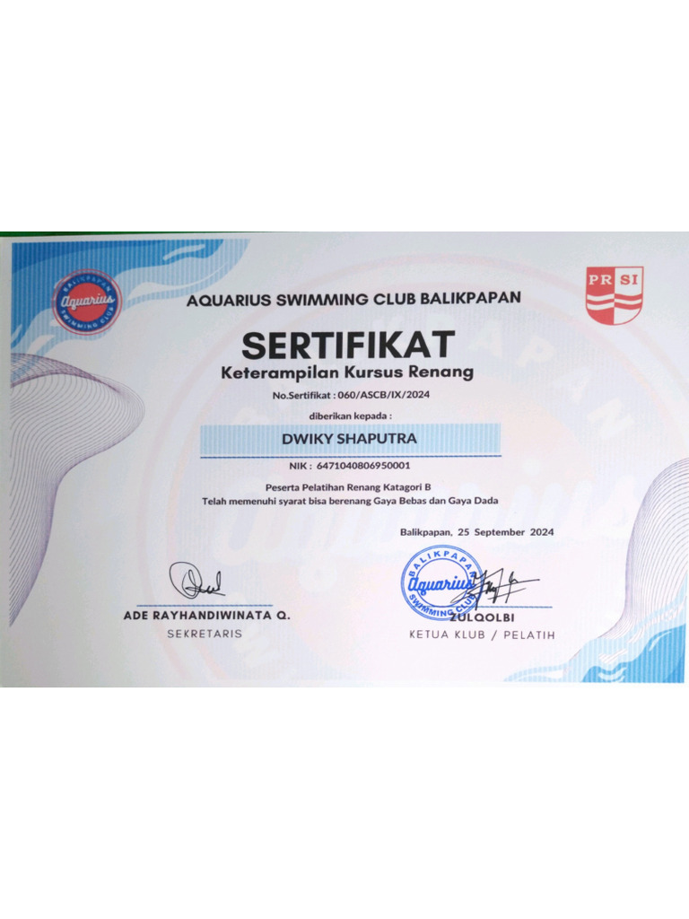 81. Sertifikat Renang - Dwiky Shaputra | PDF