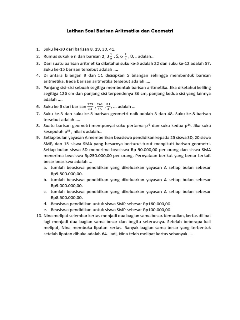 Latihan Soal Barisan Aritmatika Dan Geometri | PDF