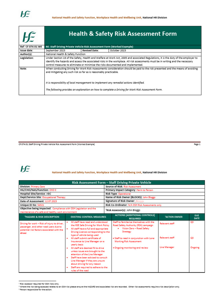 CF 074 01 WE Staff Driving Private Vehicle Risk Assessment Form Worked ...