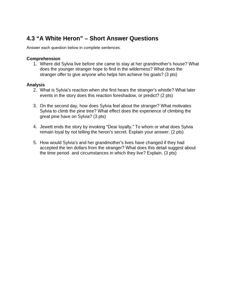 "A White Heron: Key Questions & Insights" | PDF