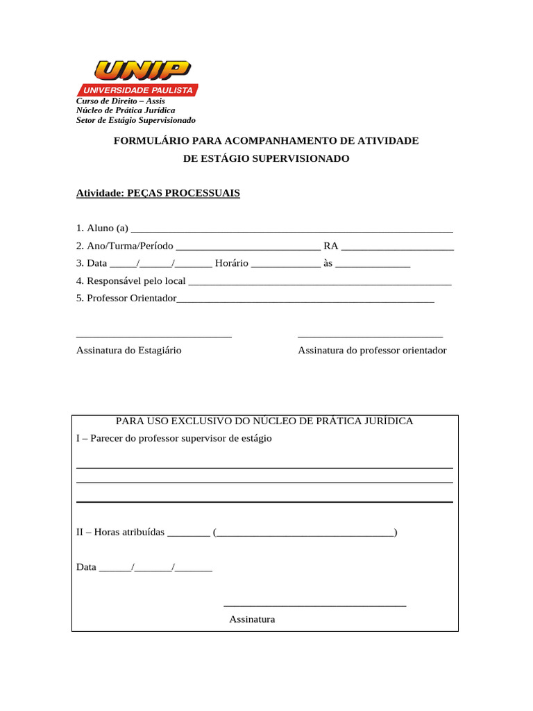 Formulário de Estágio Supervisionado em Direito | PDF