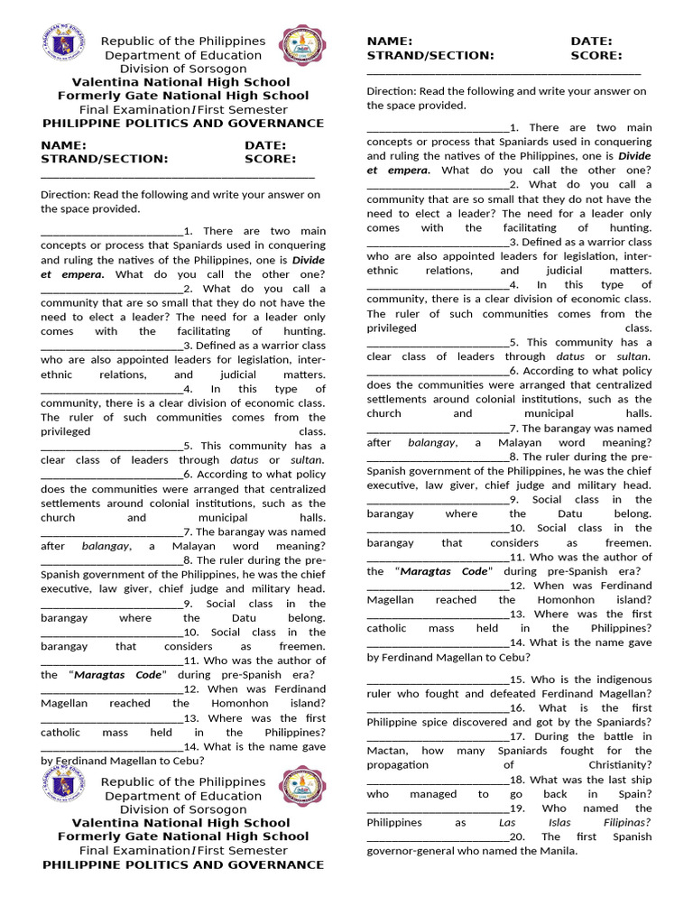 ppg exam 2nd quarter 2024 | PDF | Philippines | Southeast Asia