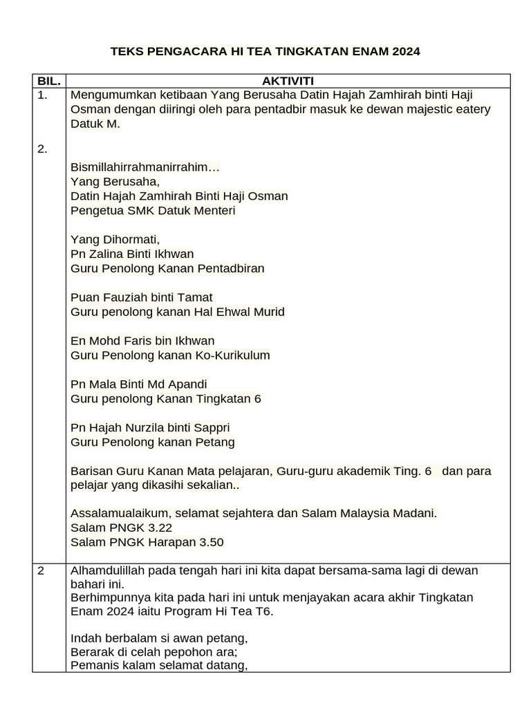 Teks Pengacara Hi Tea 2024 | PDF