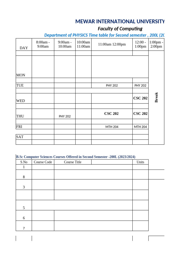 Time Table Miu Foc 2nd Sem 200l 2024-2025 | PDF | Software Engineering | Information Technology
