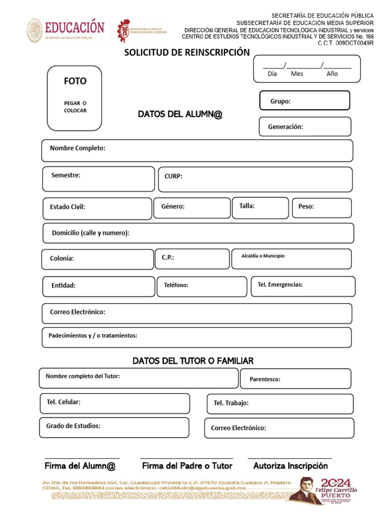 Solicitud de Reinscripcion 2024 | PDF