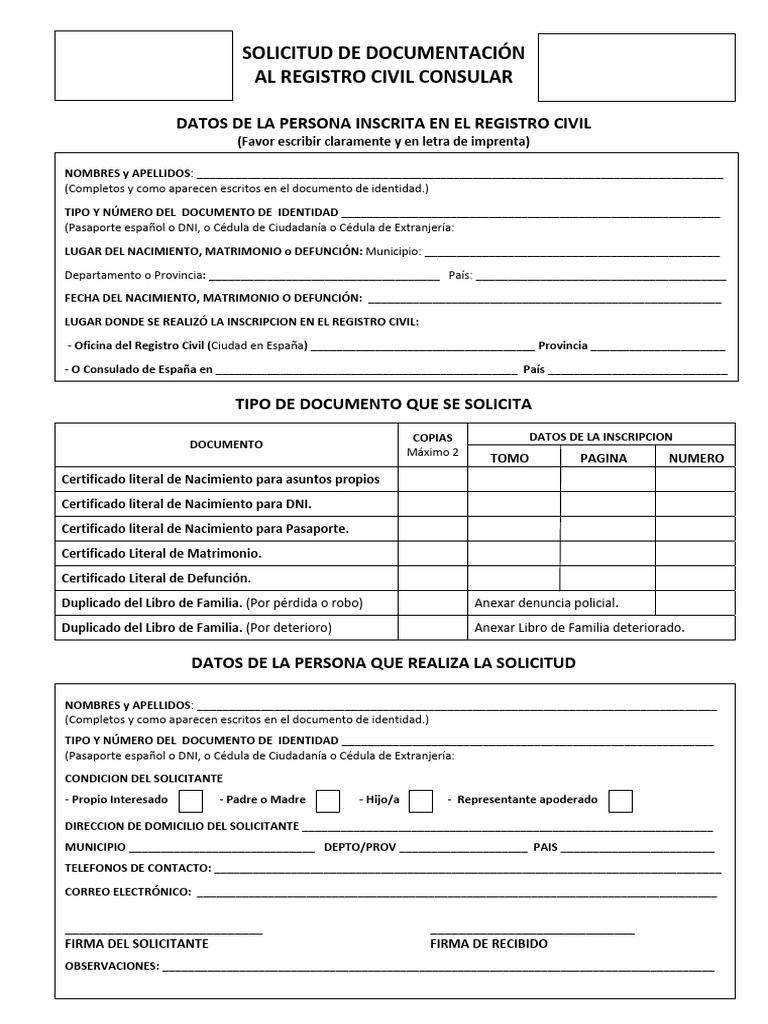 Solicitud Documentacion Al Registro Civil Consular | PDF | Documento de identidad | Gobierno y ...