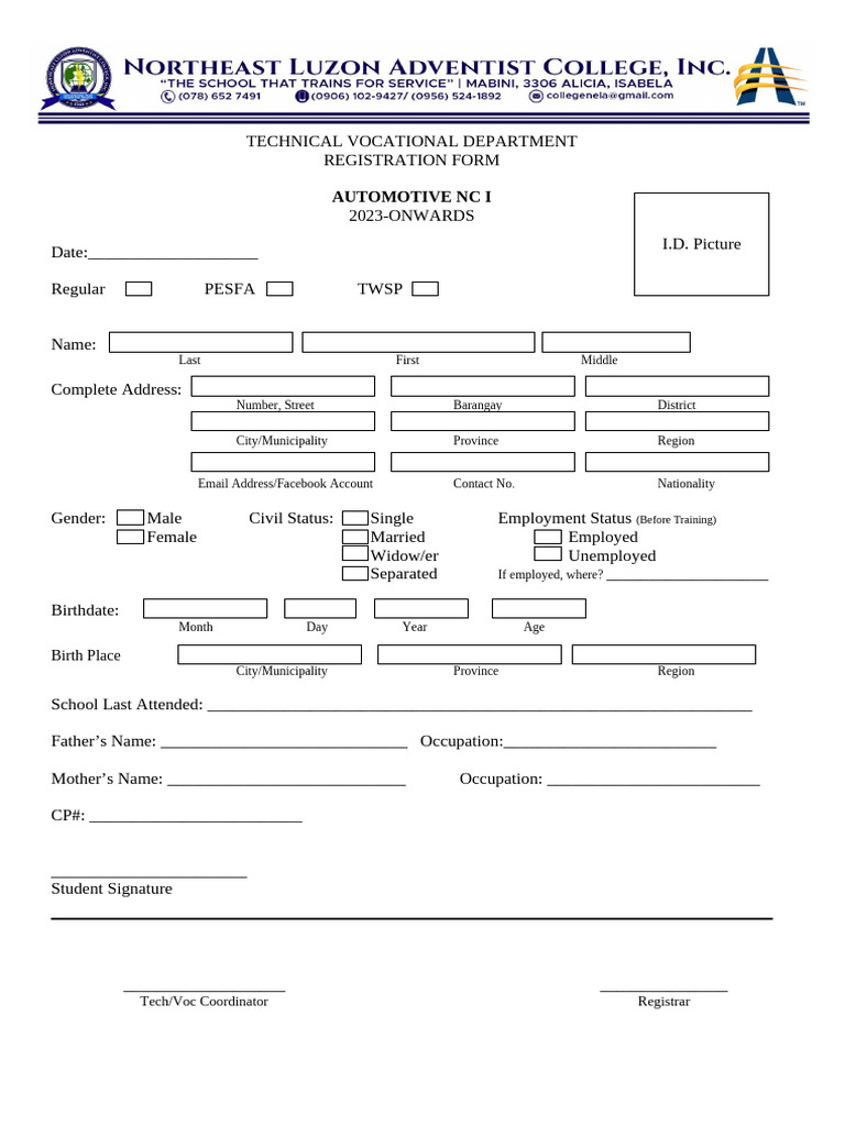 TESDA Application Form Automotive I | PDF
