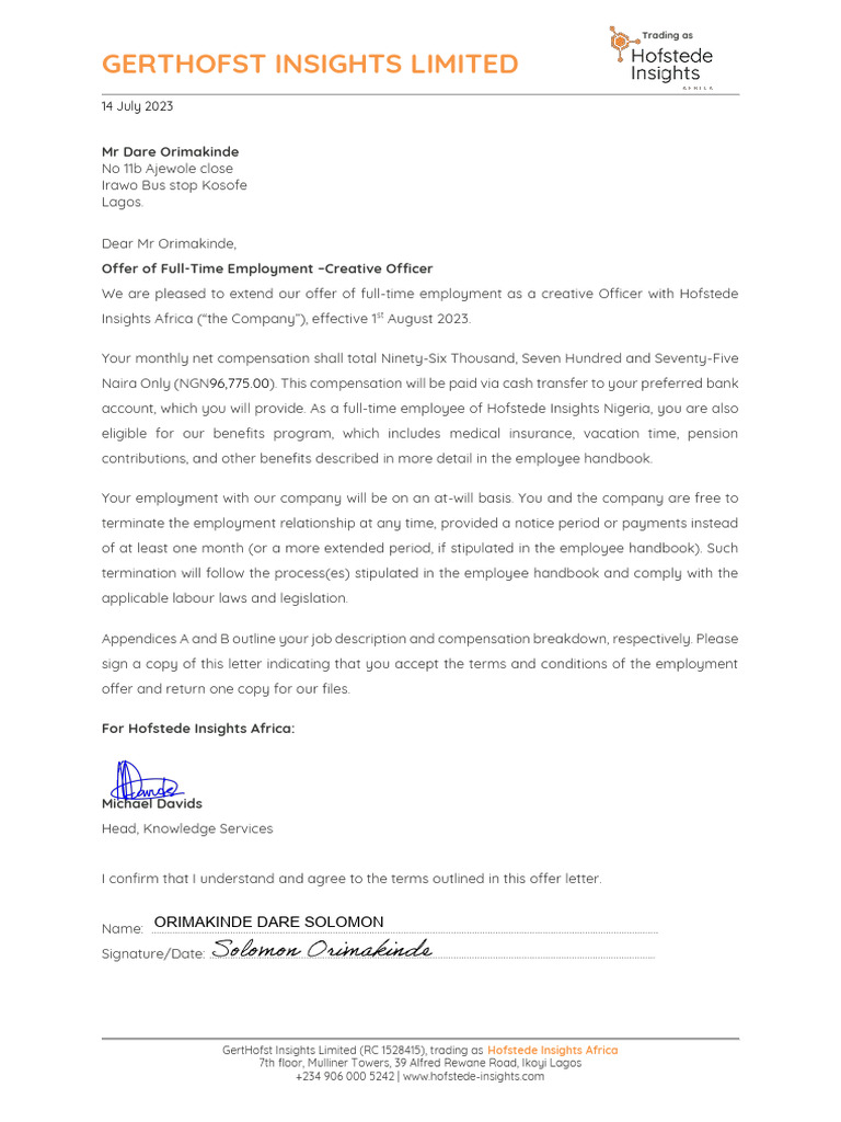 Offer Letter of FTE For Solomon Orimakinde | PDF | Employment | Labor ...