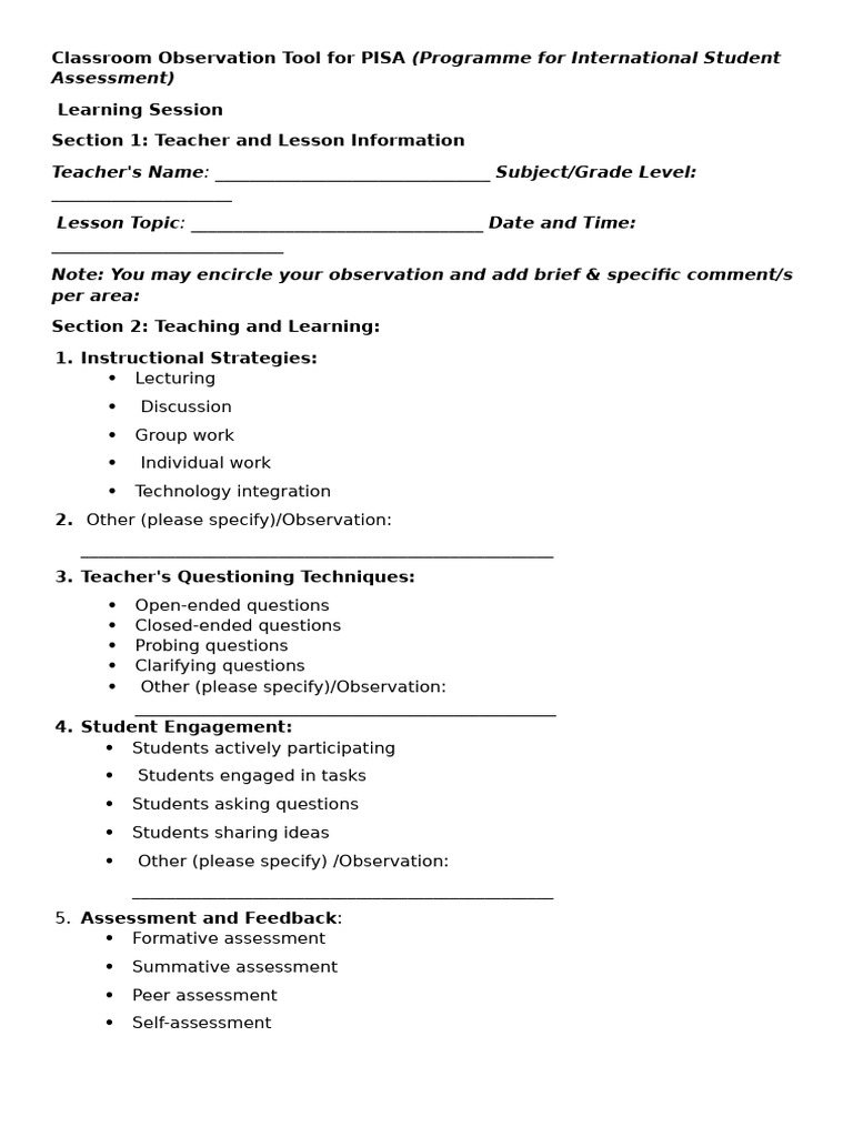 Classroom Observation Tool for a PISA (2) | PDF | Educational ...