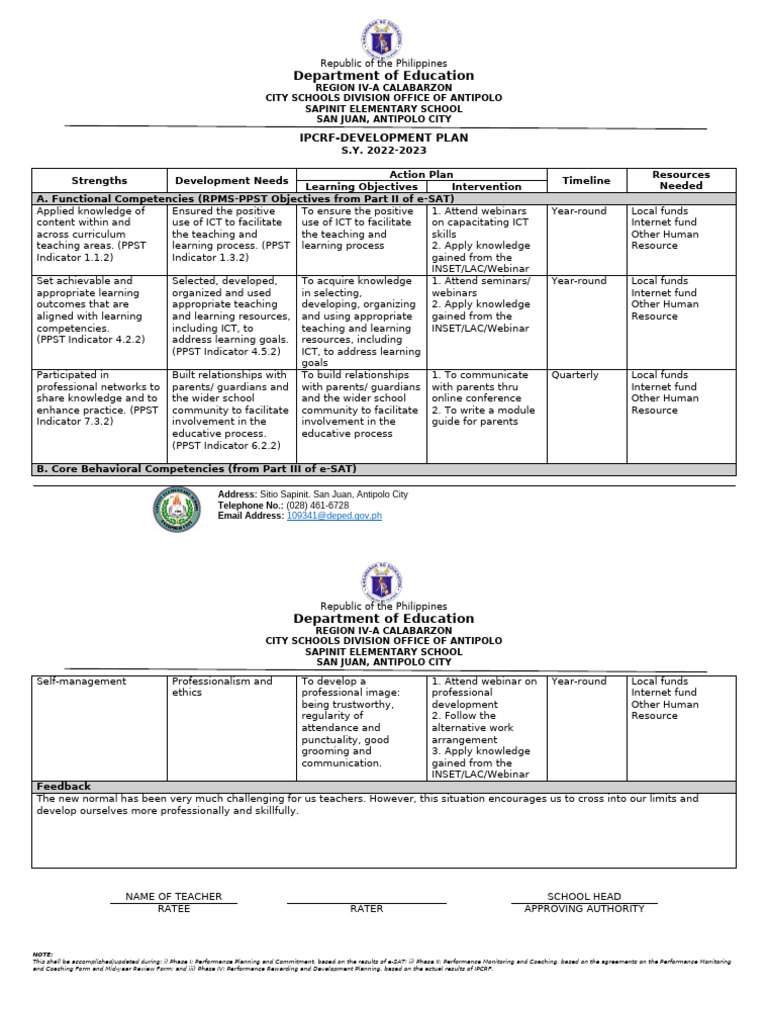 IPCRF DEVELOPMENT PLAN Sapinit ES | PDF | Information And ...