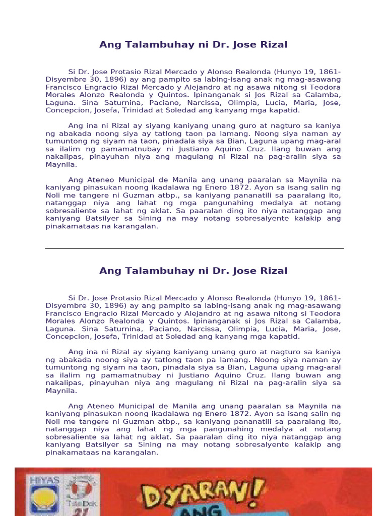Ang Talambuhay Ni DR Jose Rizal (Maikli) | PDF