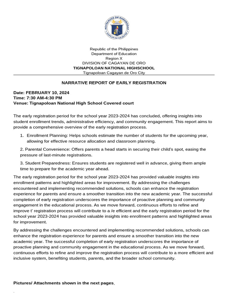 Early Registration Report 2023-2024 | PDF