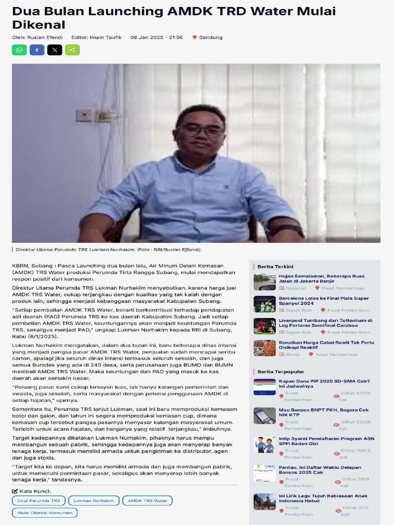 Dua Bulan Launching AMDK TRD Water Mulai Dikenal - Rri - Co.id - Ruslan ...