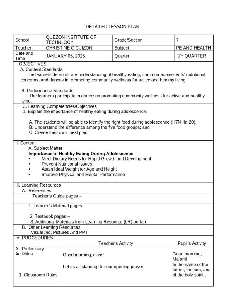 Cuizon Christine DLP Pe and Health | PDF | Healthy Diet | Adolescence