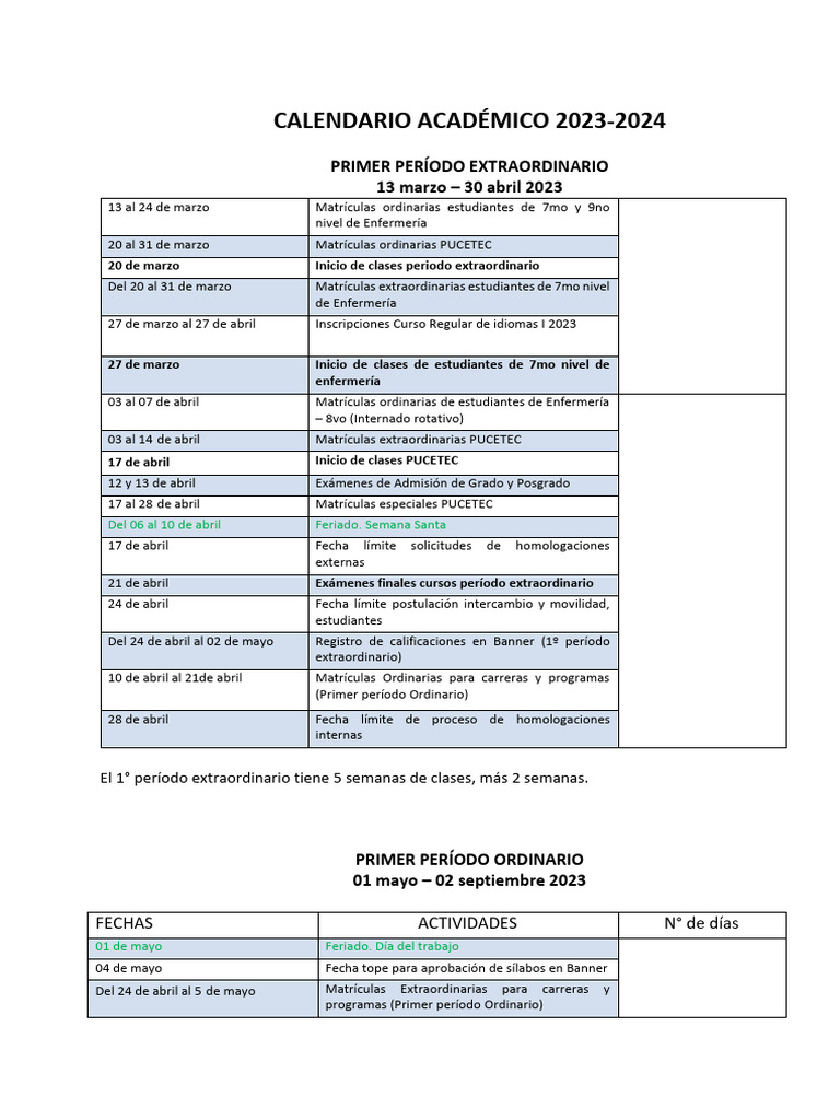 Calendario Academico 2023 2024v1 | PDF