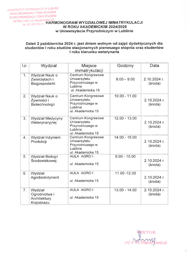 Harmonogram Immatrykulacji Wydzialowej 2024 | PDF