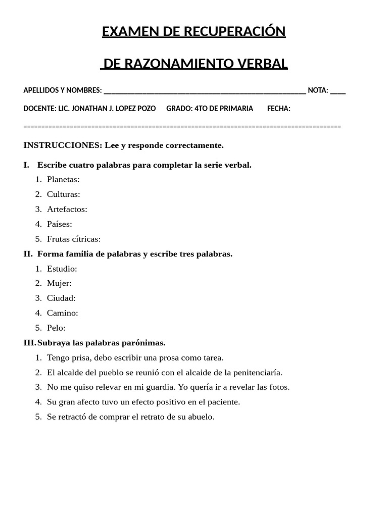 Examen de Recuperación 4° y 6° | PDF