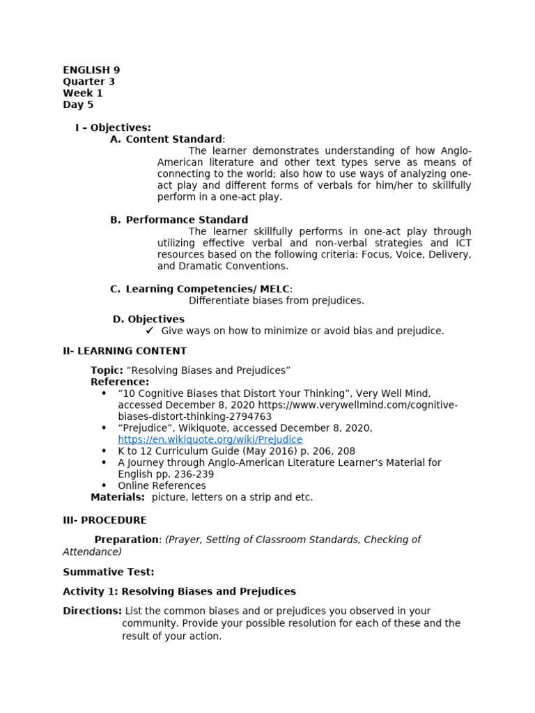English 9 Q3 Week 1 Day5 | PDF | Bias | Prejudices