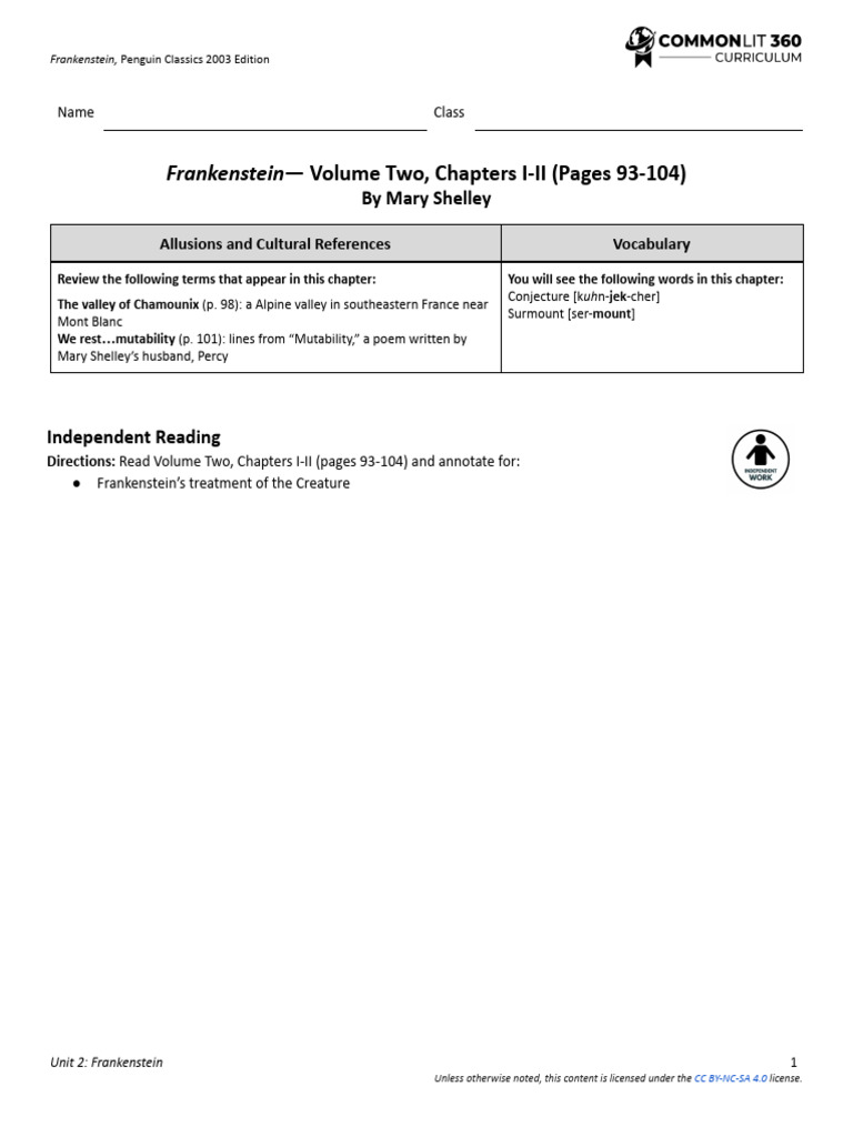 Copy of 14. 12G Unit 2 Frankenstein Volume Two, Chapters I-II During ...