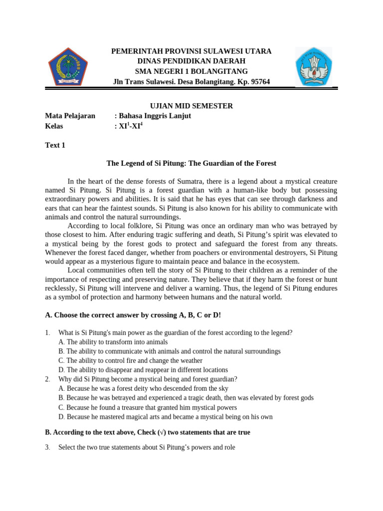 Soal Mid Bahasa Inggris Lanjut Kelas 11 | PDF | Bigfoot | Folklore