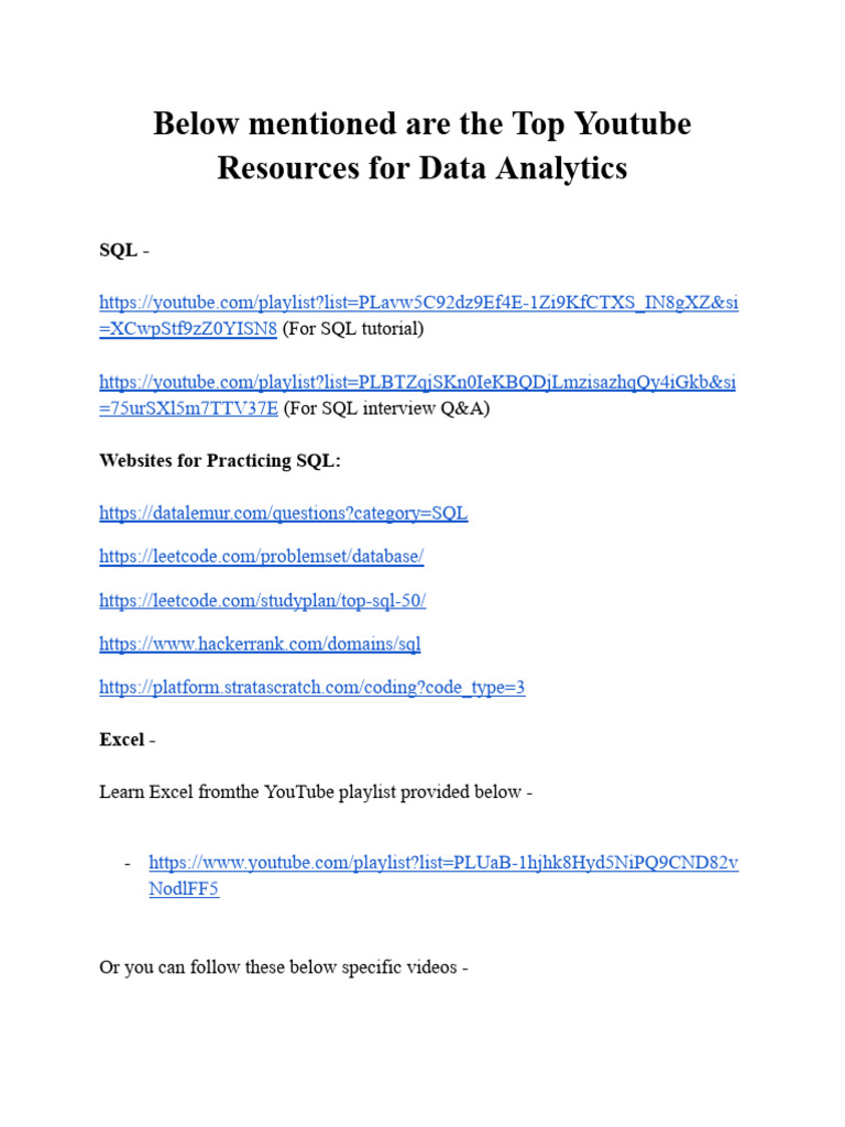 Top YouTube Resources for Data Analytics | PDF