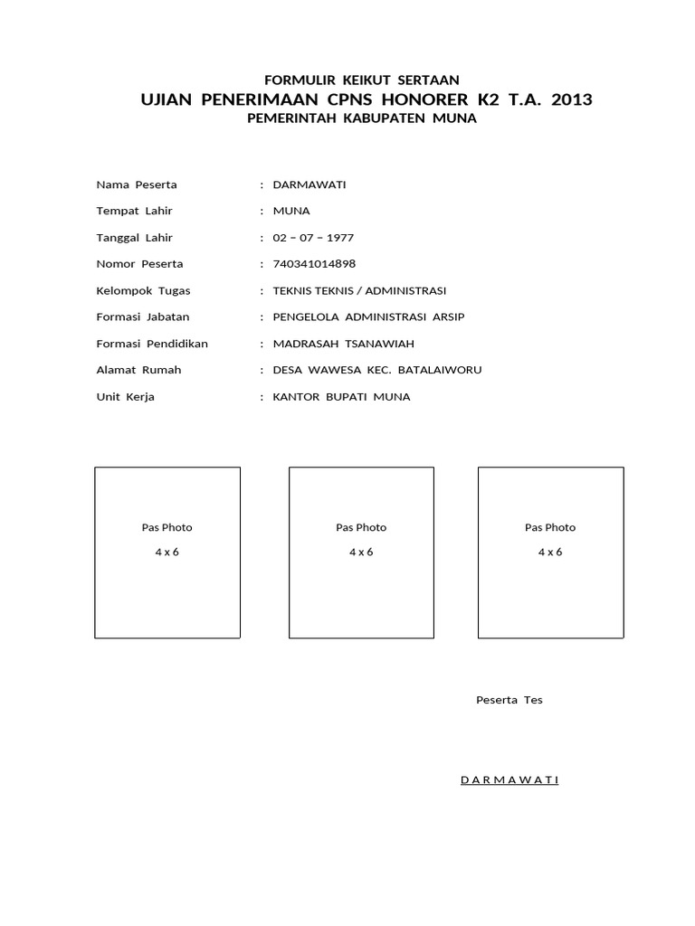 Formulir Keikut Sertaan k2 | PDF