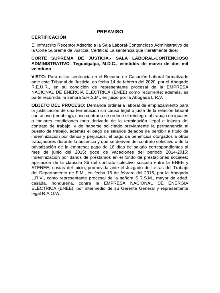 PREAVISO | PDF | Derecho laboral | Daños y perjuicios
