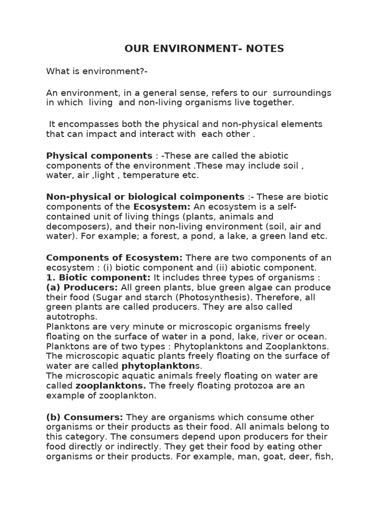 Our Environment Notes Class 10 | PDF | Food Web | Ozone Depletion