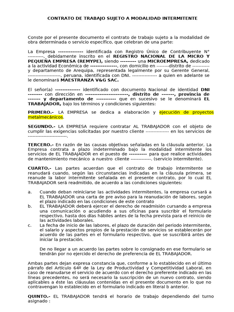 contrato intermitente | PDF | Derecho laboral | Documento de identidad