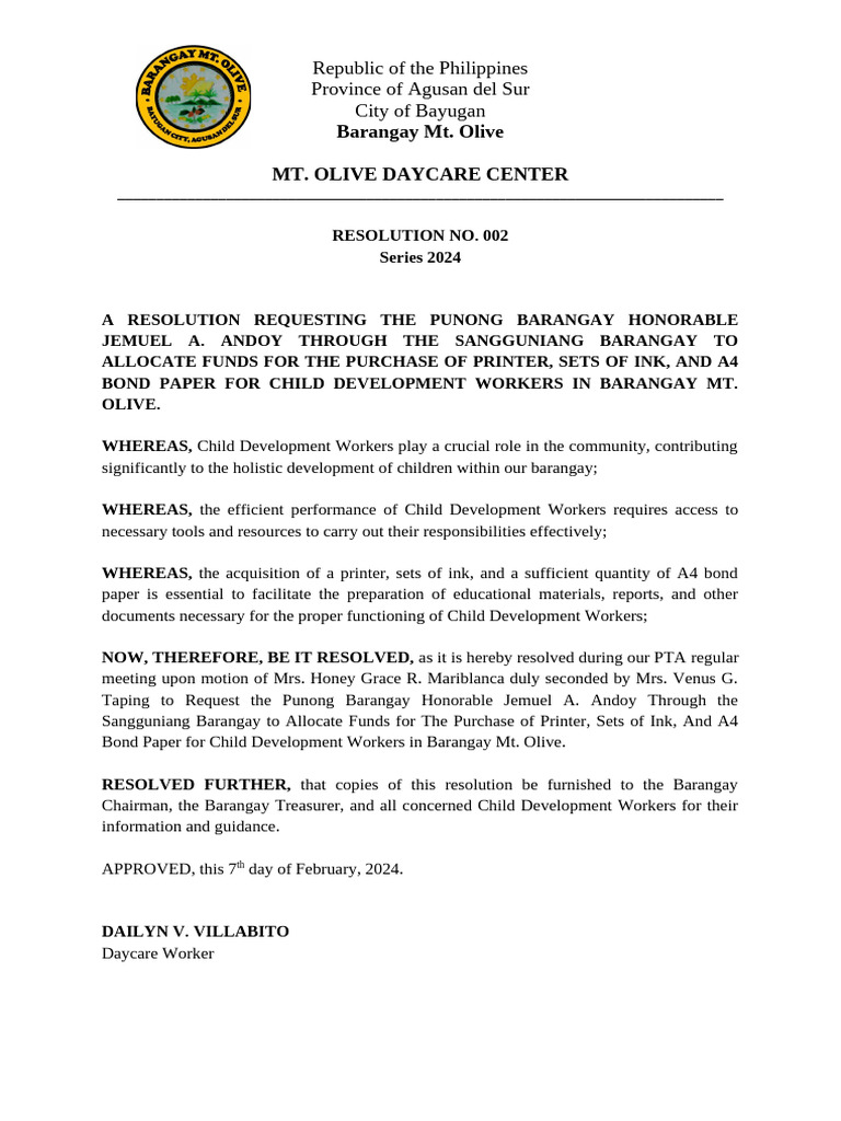 Funding Request for Daycare Resources | PDF