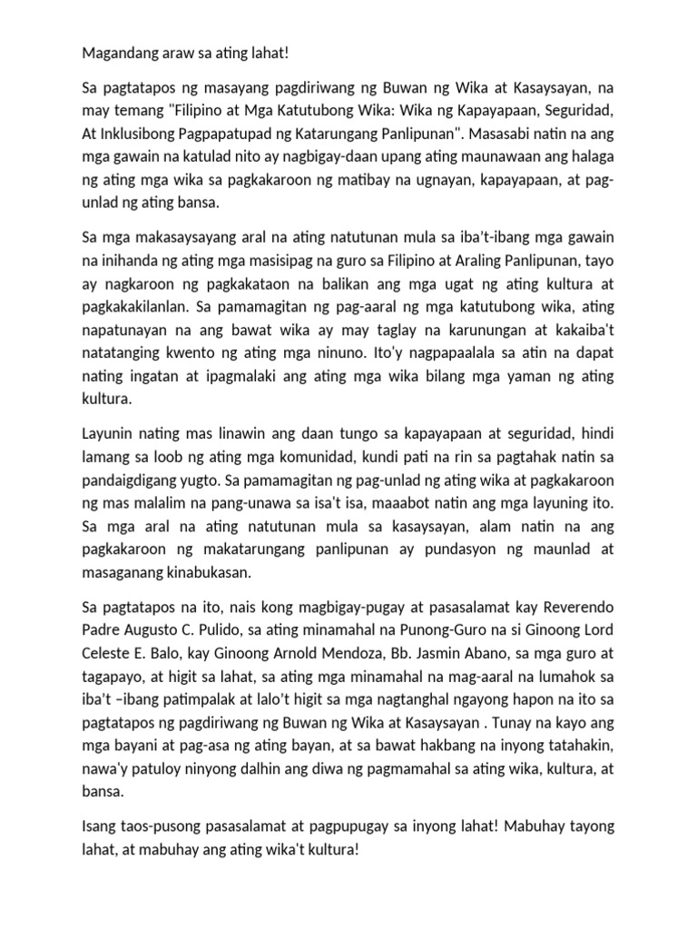 Pangwakas Na Pananalita - Buwan NG Wika at Kasaysayan | PDF