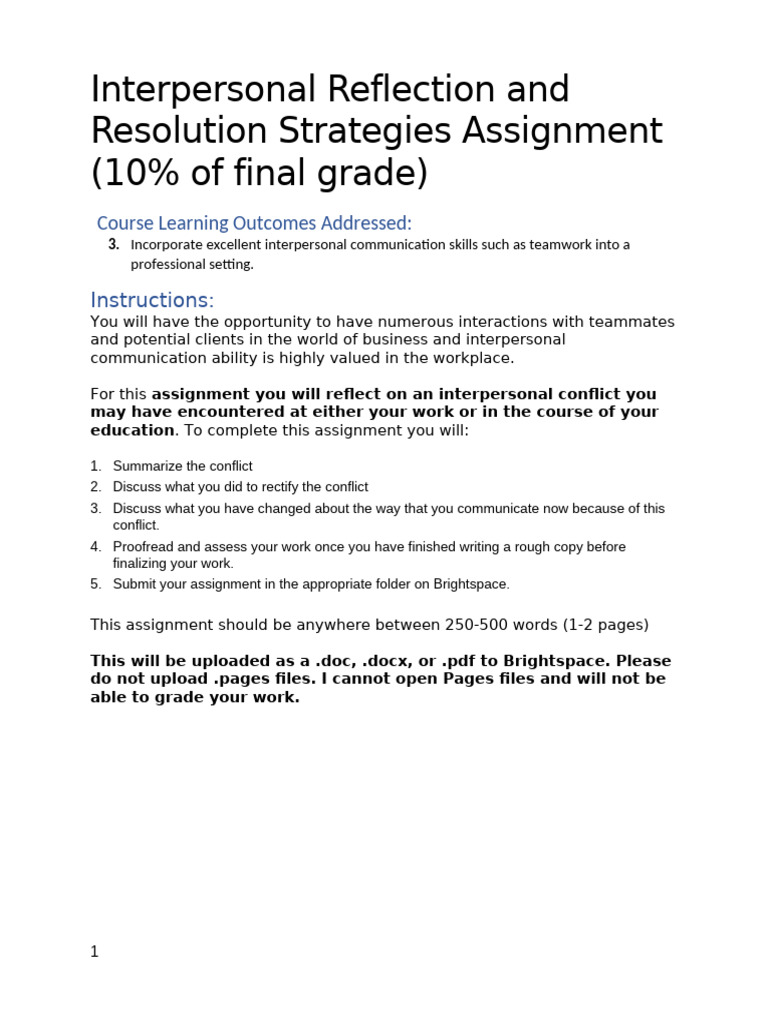COMM1034 Interpersonal Reflection Assignment Instructions AGagne | PDF | Communication ...