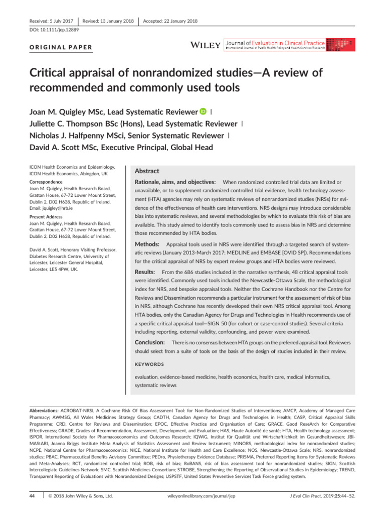 Critical Appraisal of Nonrandomized Studies-A Review of Recommended and ...