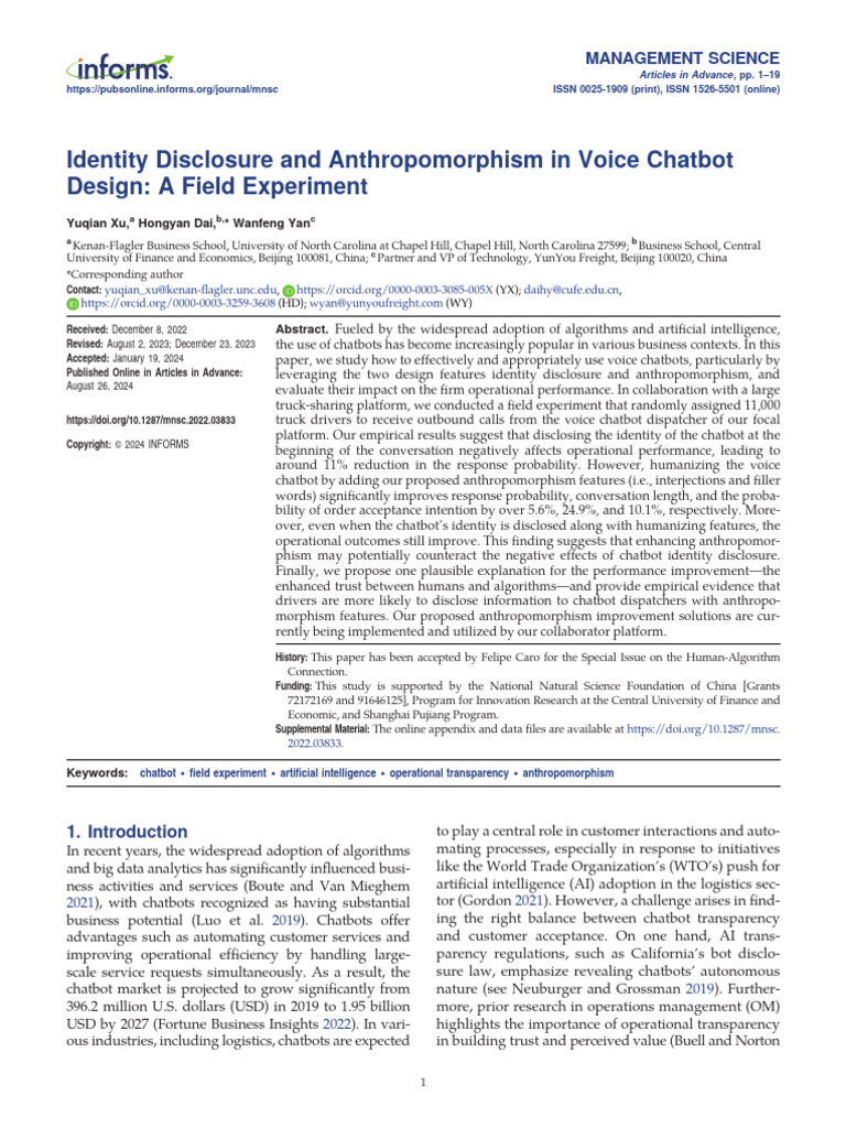 Xu Et Al 2024 Identity Disclosure and Anthropomorphism in Voice Chatbot ...