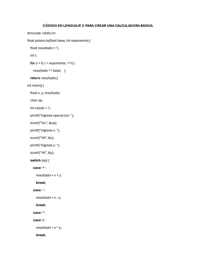 Código en Lenguaje c Para Crear Una Calculadora Básica | PDF