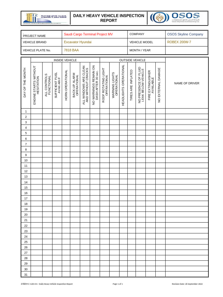 Daily Heavy Vehicle Inspection Report | PDF | Vehicle Technology ...