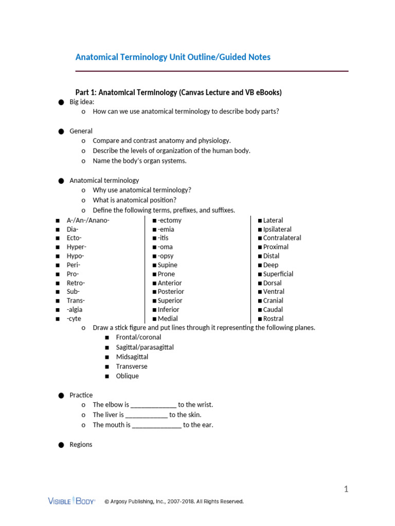 Anatomical Terminology Guided Outline Notes | PDF | Anatomical Terms Of ...