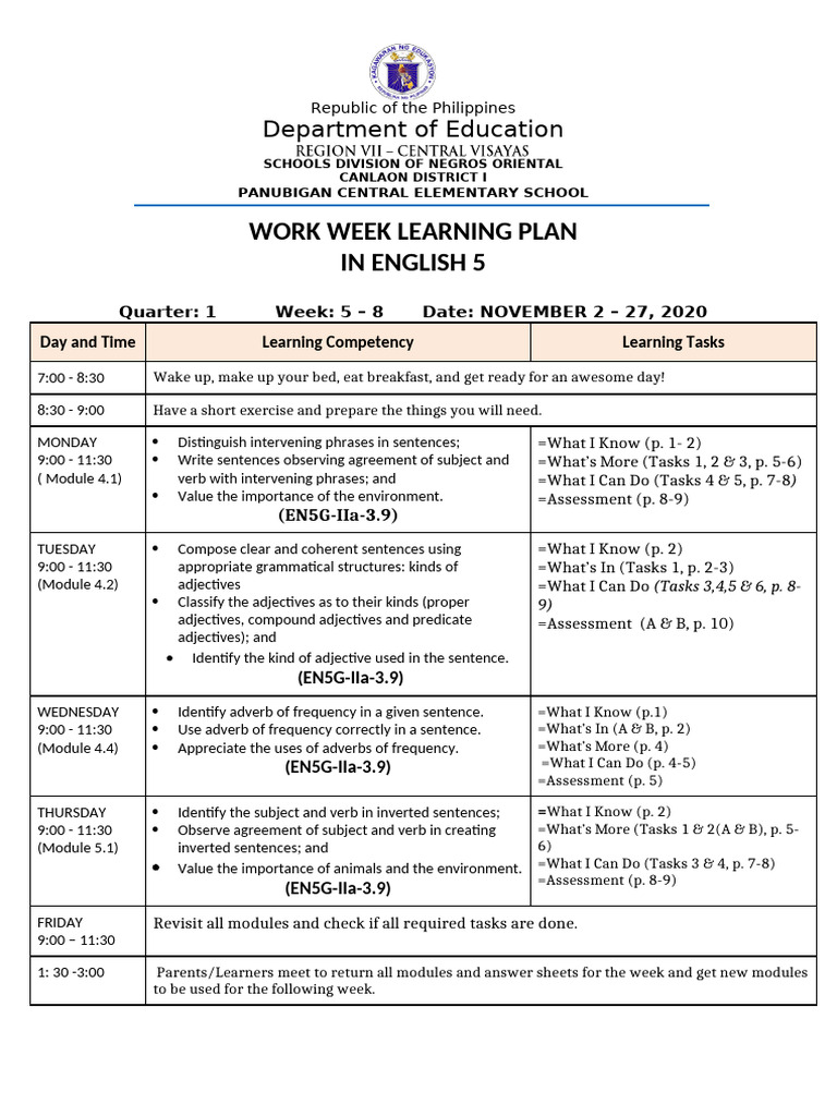 English 5 Learning Plan: Weeks 5-8 | PDF | Adjective | Semantics