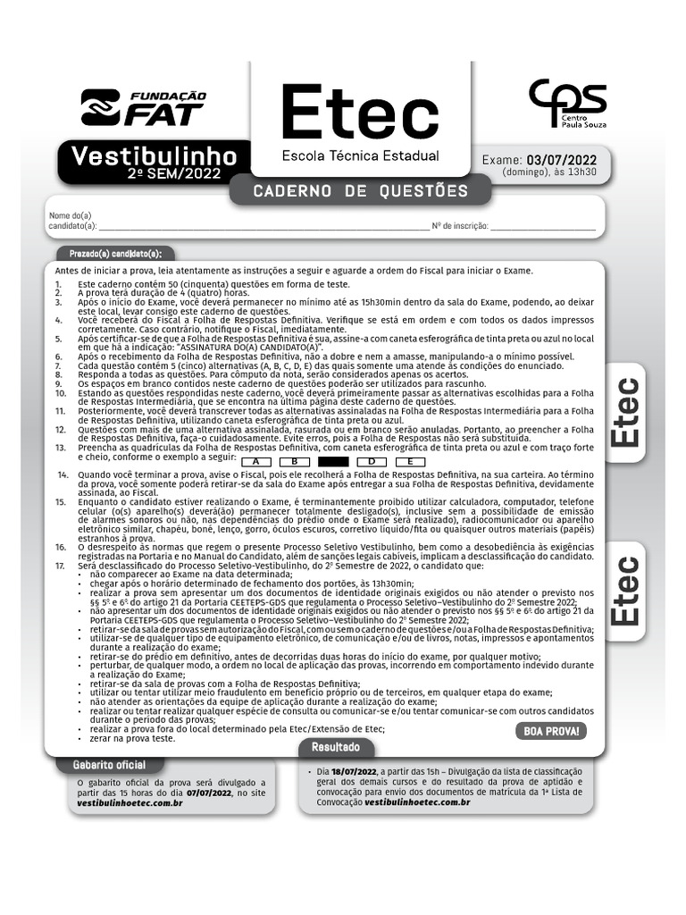 Prova Etec 2022 | PDF | Enchente | Vacinas