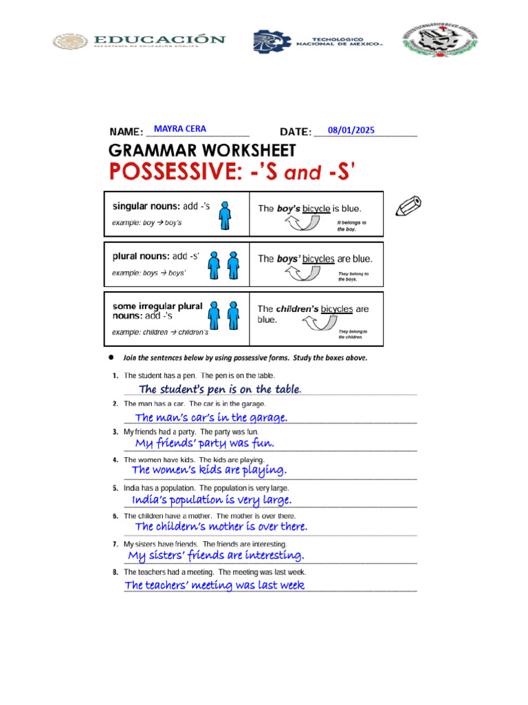 GRAMMAR POSSESSIVE 'S AND S' | PDF